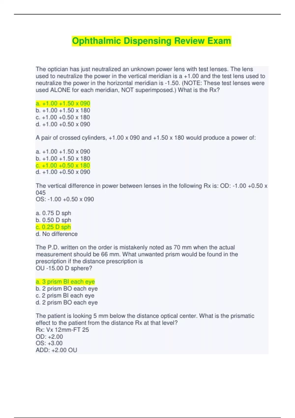 Ophthalmic Dispensing Review Exam | 85 Questions with correct Answers ...