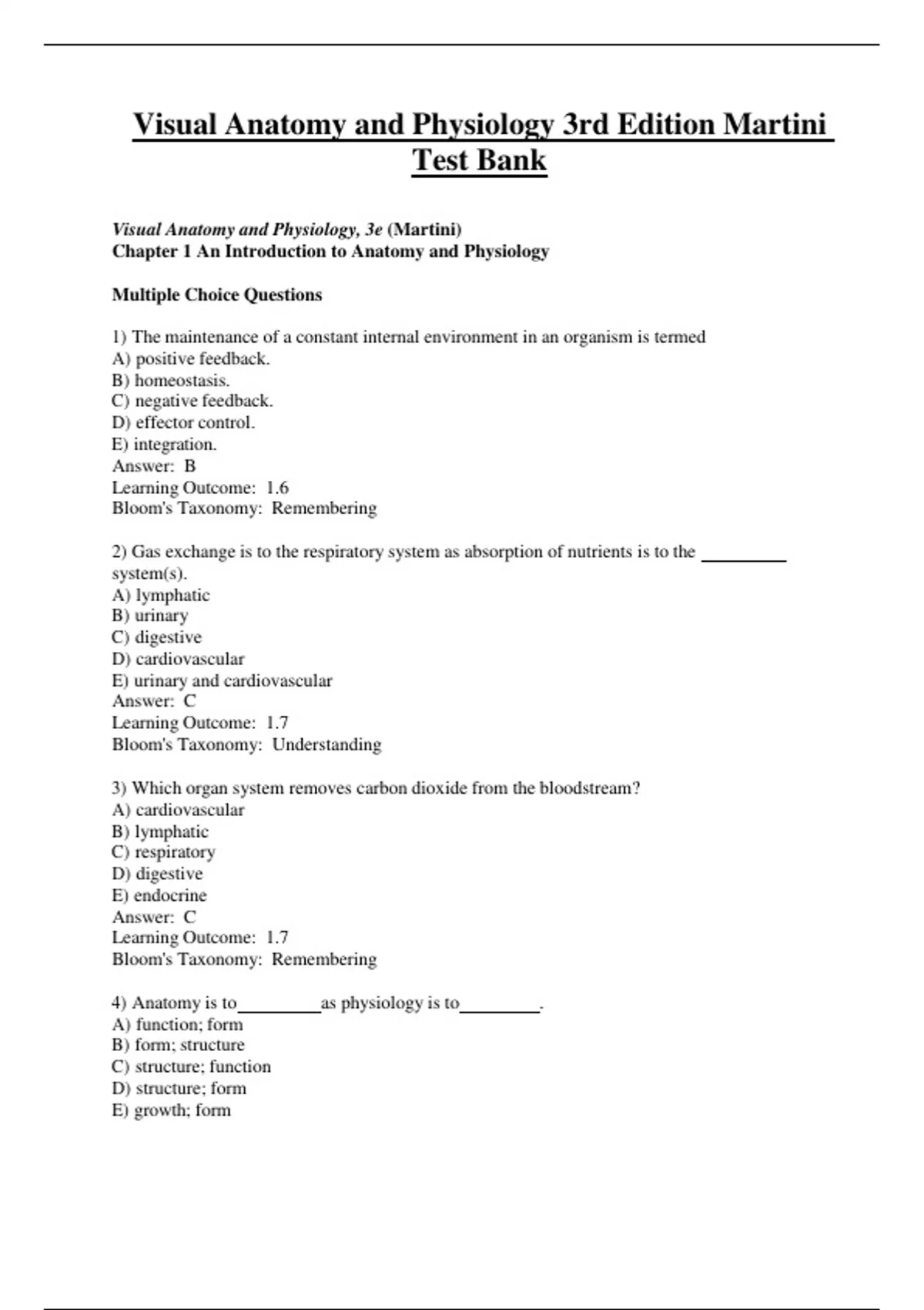 Test Bank for Visual Anatomy and Physiology 3rd Edition Martini / All ...