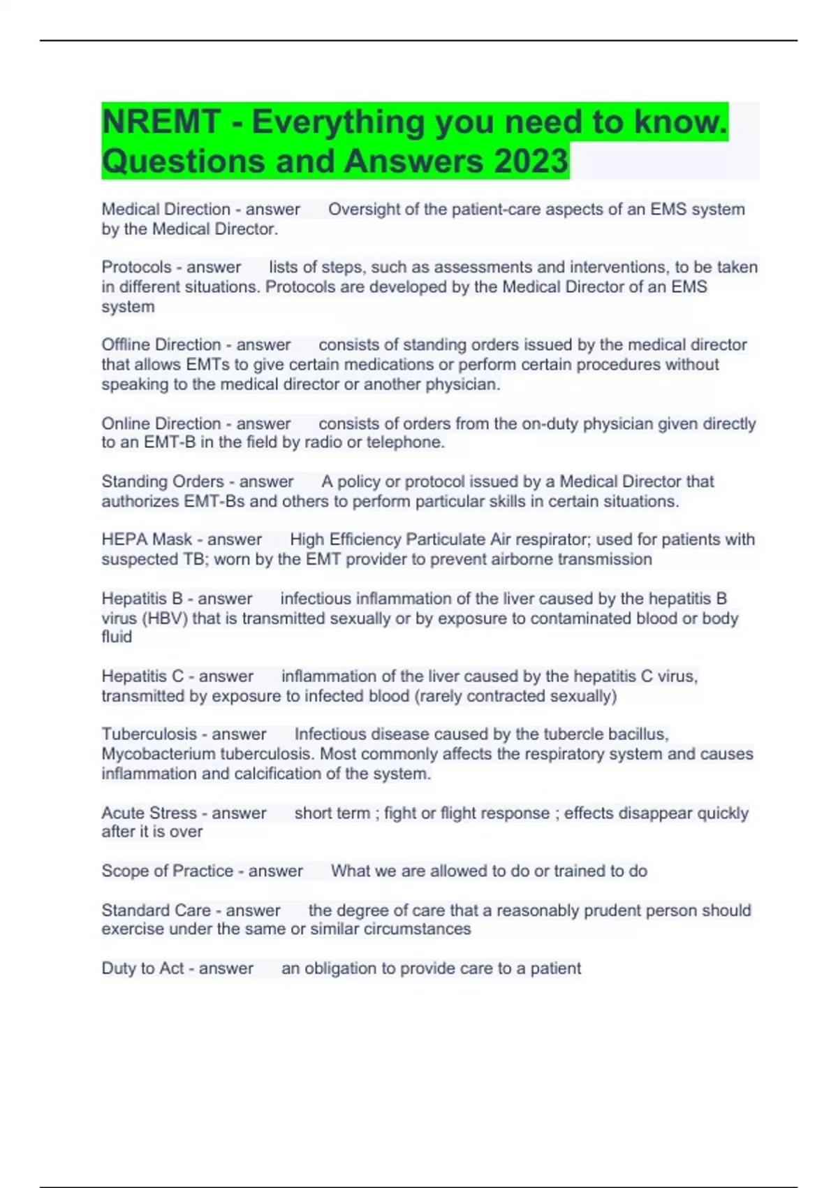 NREMT - Everything you need to know. Questions and Answers 2023 - NREMT ...