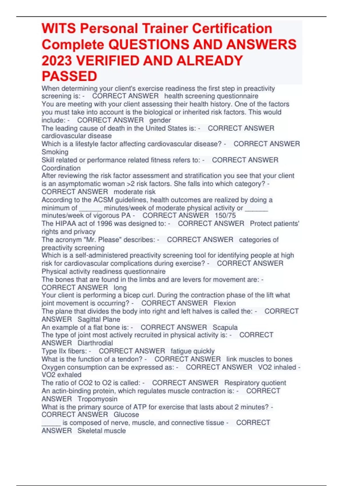 WITS Personal Trainer Certification Complete QUESTIONS AND ANSWERS 2023 ...