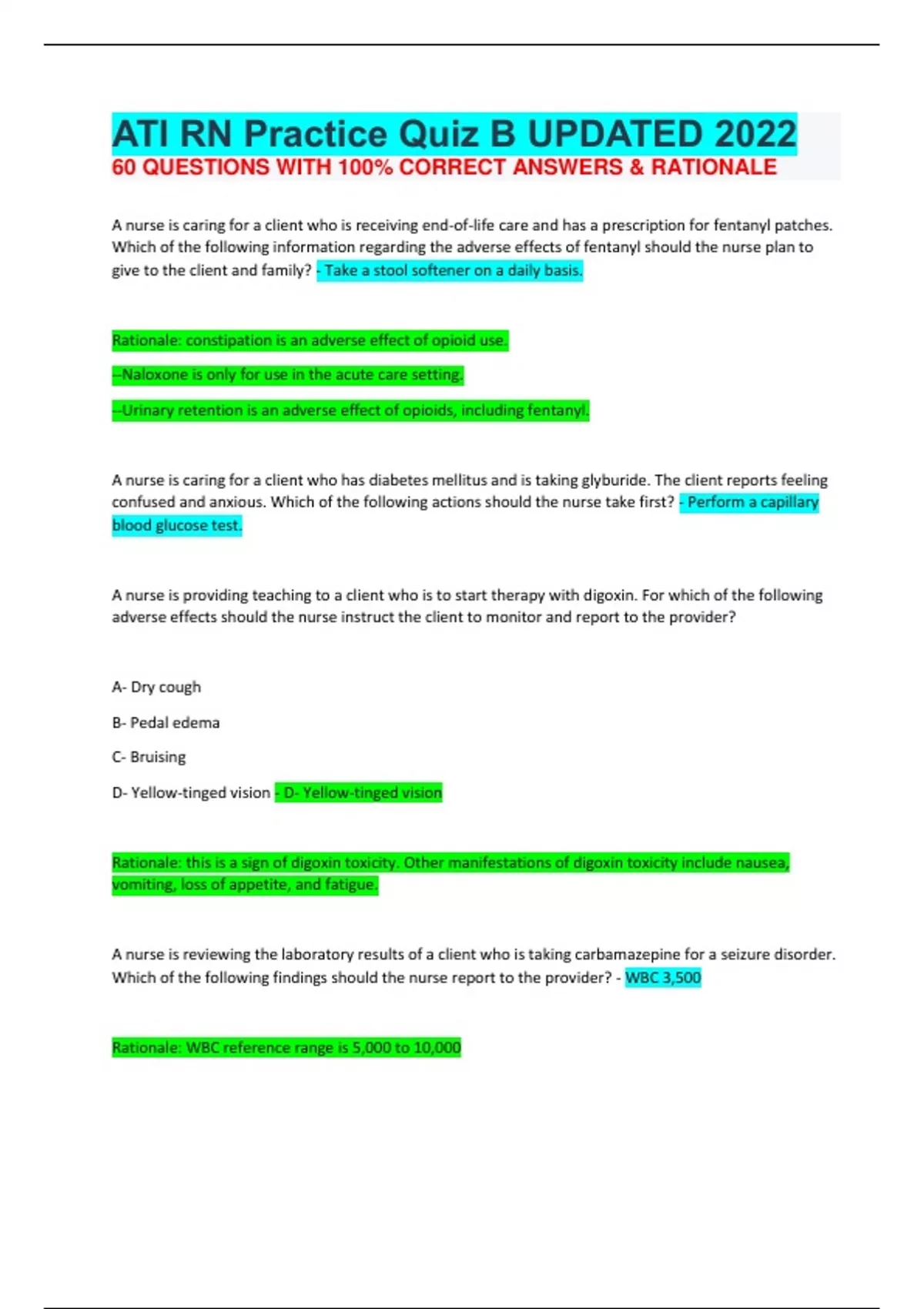 ATI RN Practice Quiz B UPDATED 2022 60 QUESTIONS WITH 100% CORRECT ...