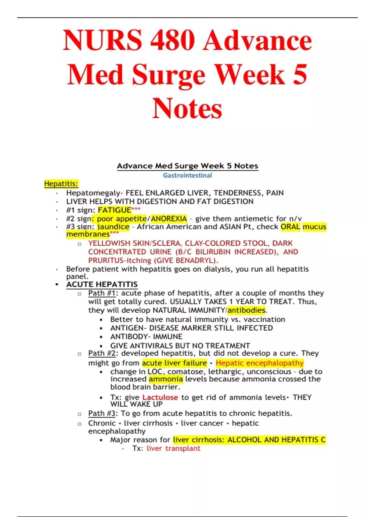 NURS 480 Advance Med Surge Week 5 Notes BEST EXAM PREPARATION NOTES ...