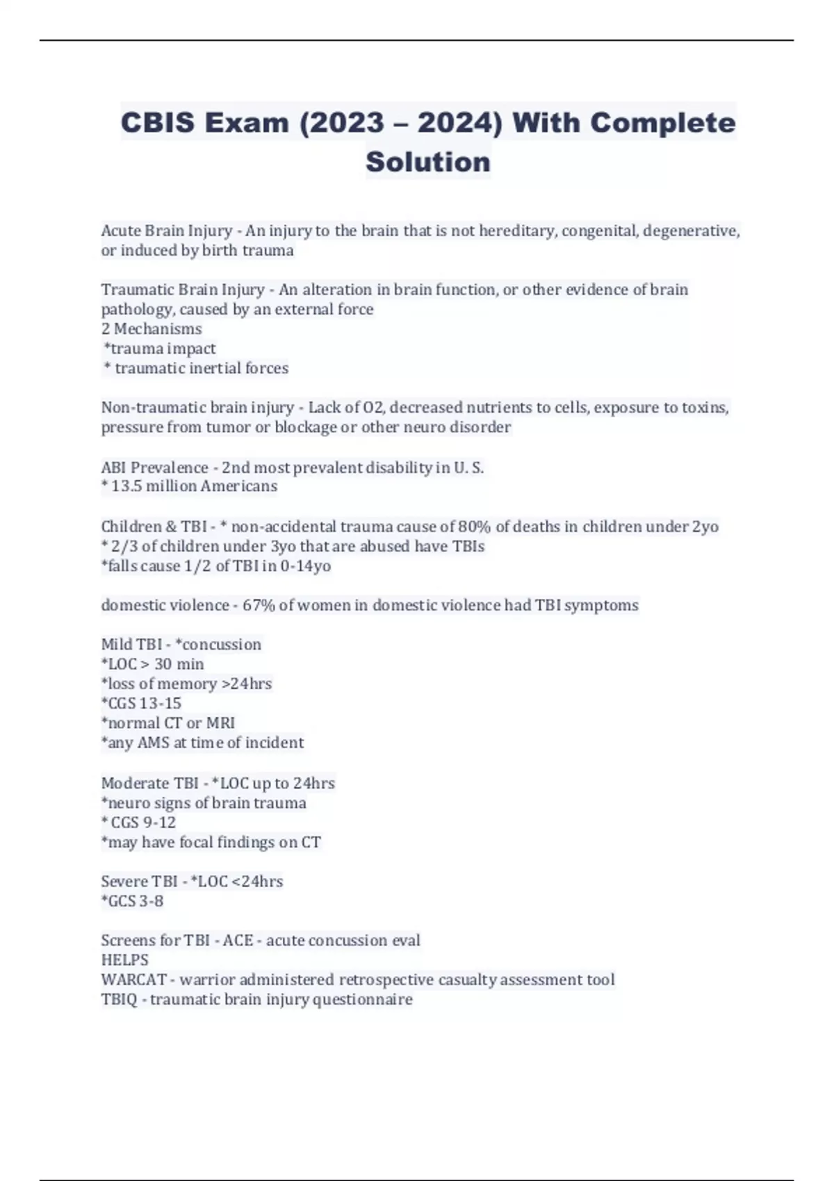 CBIS Bundled Exams (Latest ) Full Complete Solutions Pack - Stuvia US