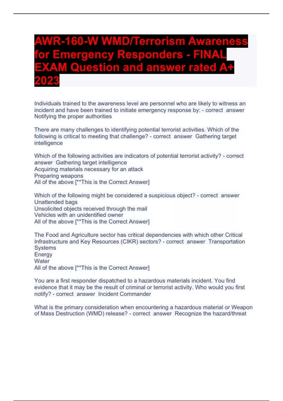 AWR-160-W WMD/Terrorism Awareness for Emergency Responders - FINAL EXAM Question and answer ...