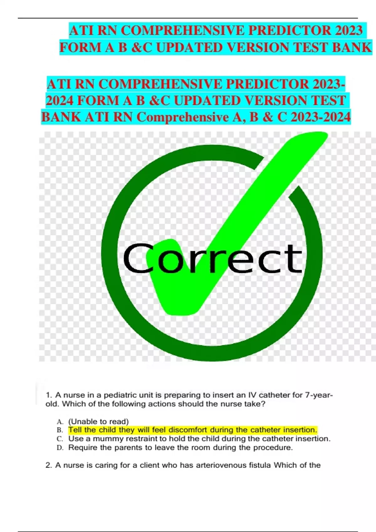 ATI RN COMPREHENSIVE PREDICTOR 2023 FORM A B &C UPDATED VERSION TEST ...