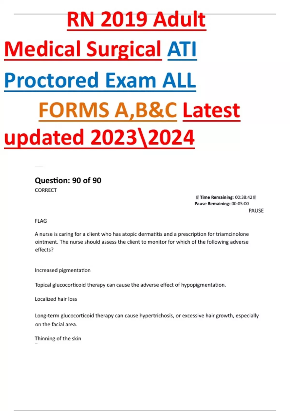 RN 2019 Adult Medical Surgical ATI Proctored Exam ALL FORMS A,B&C ...