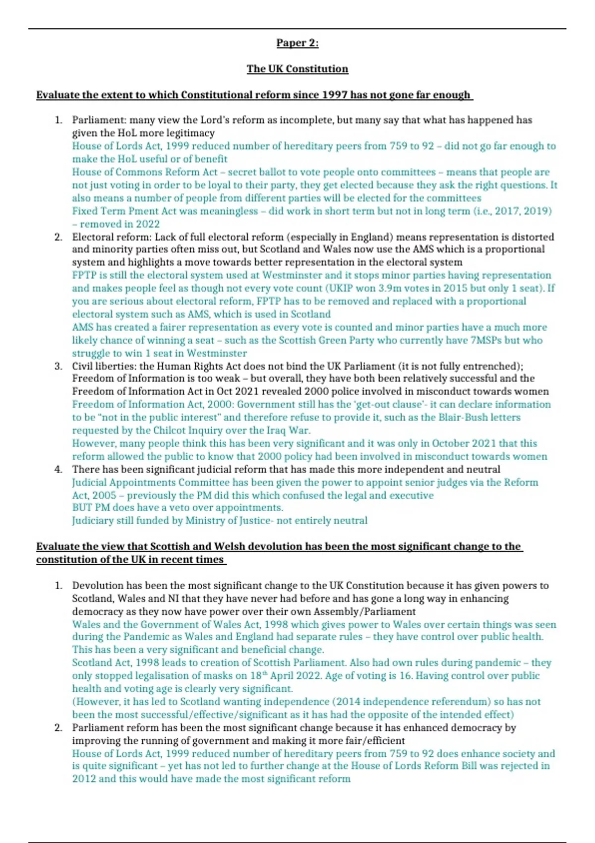 A-Level Edexcel Politics UK Paper 2 essay plans - Unit 2 - Governing ...