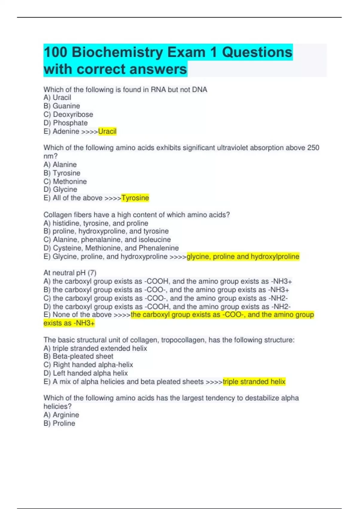100 Biochemistry Exam 1 Questions With Correct Answers Biochemistry Stuvia Us
