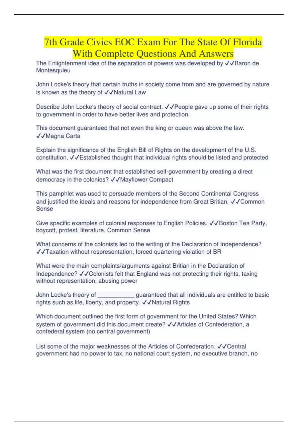 7th Grade Civics EOC Exam For The State Of Florida With Complete ...