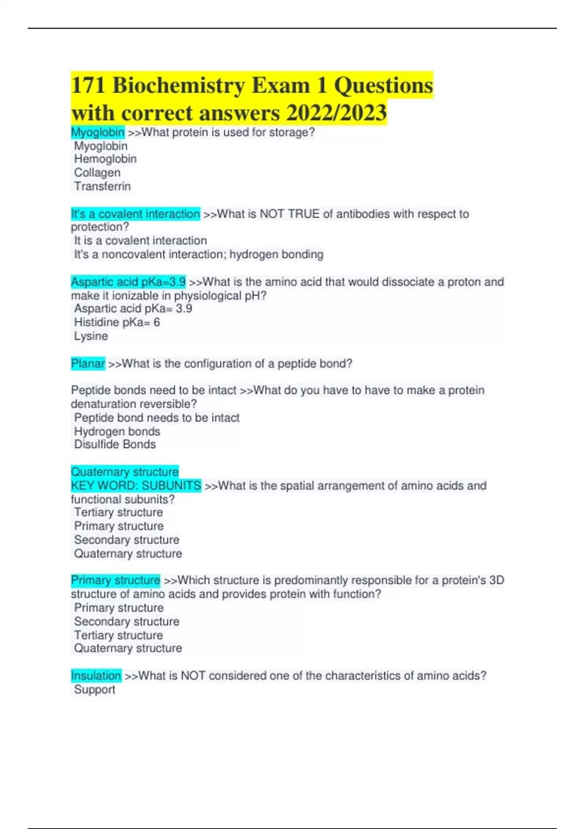 171 Biochemistry Exam 1 Questions With Correct Answers 2022 2023 Biochemistry Stuvia Us