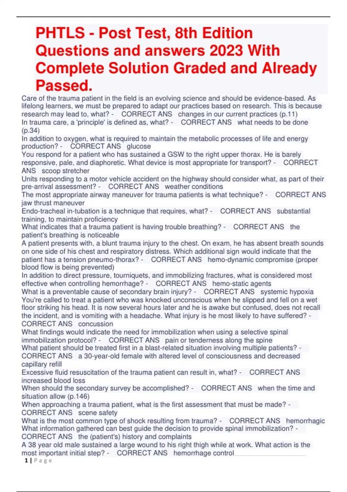 PHTLS - Post Test, 8th Edition Questions and answers 2023 With Complete ...