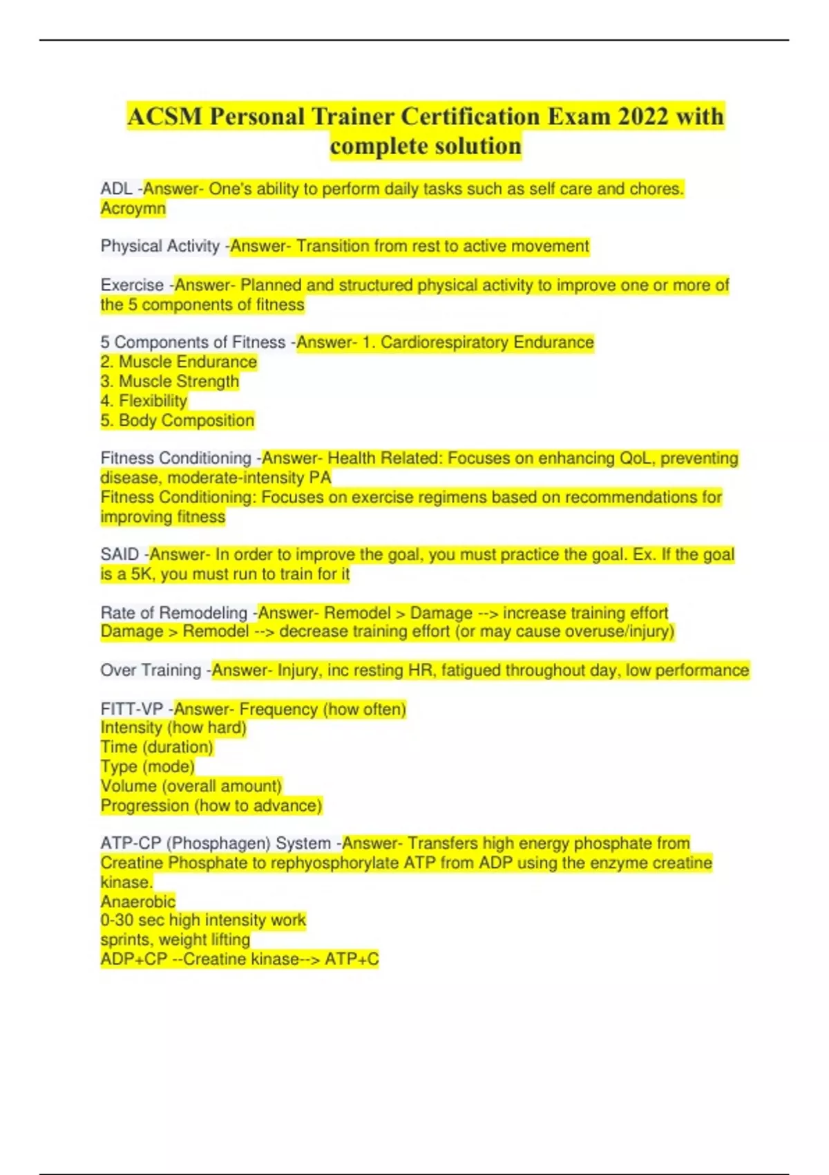 ACSM Personal Trainer Certification Exam 2022 with complete solution ...