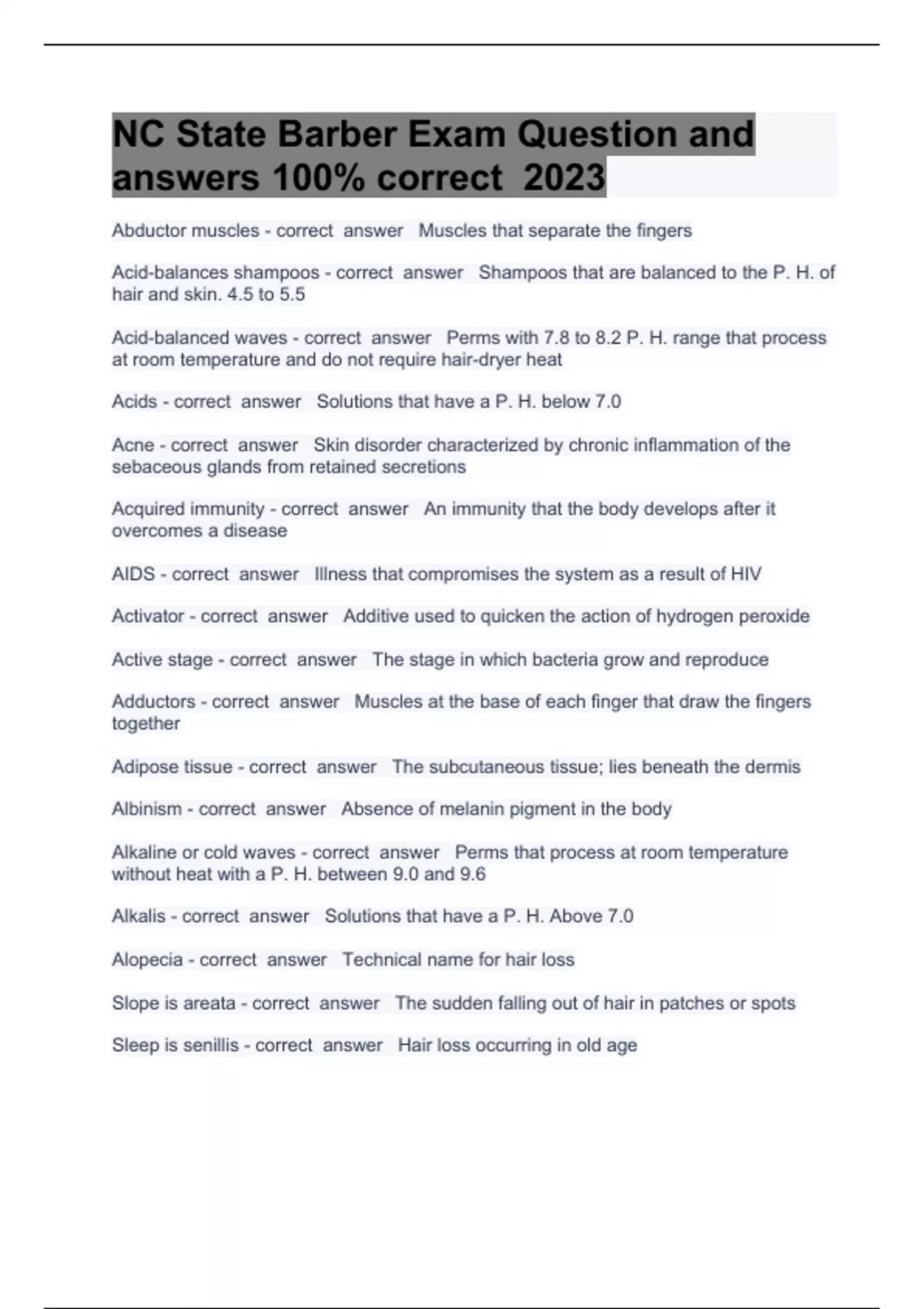 NC State Barber Exam Question and answers 100% correct 2023 - NC State ...