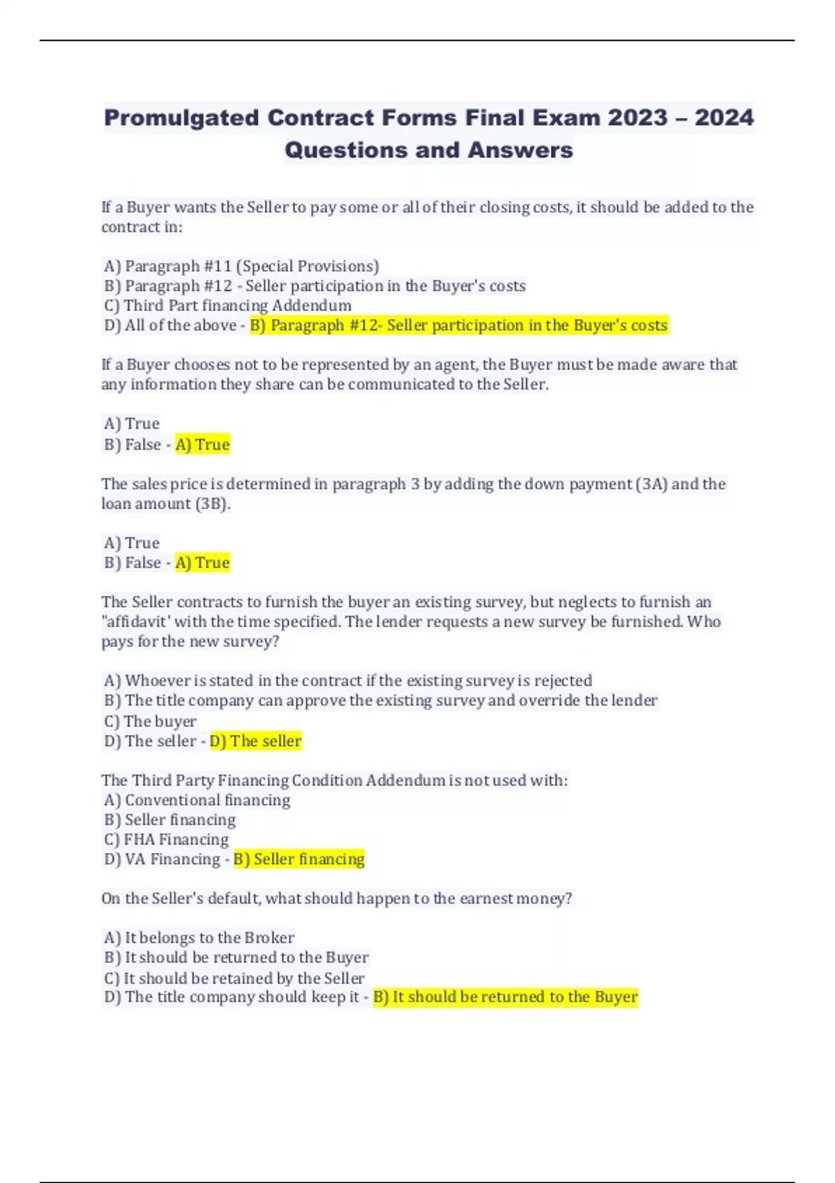 Promulgated Contract Forms Final Exam 2023 – 2024 Questions and Answers ...
