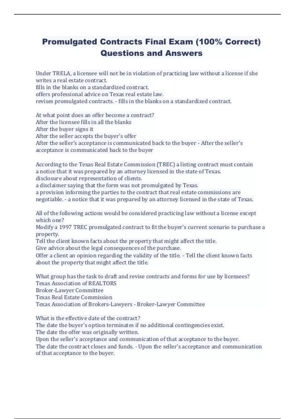 Promulgated Contracts Final Exam (100% Correct) Questions and Answers ...