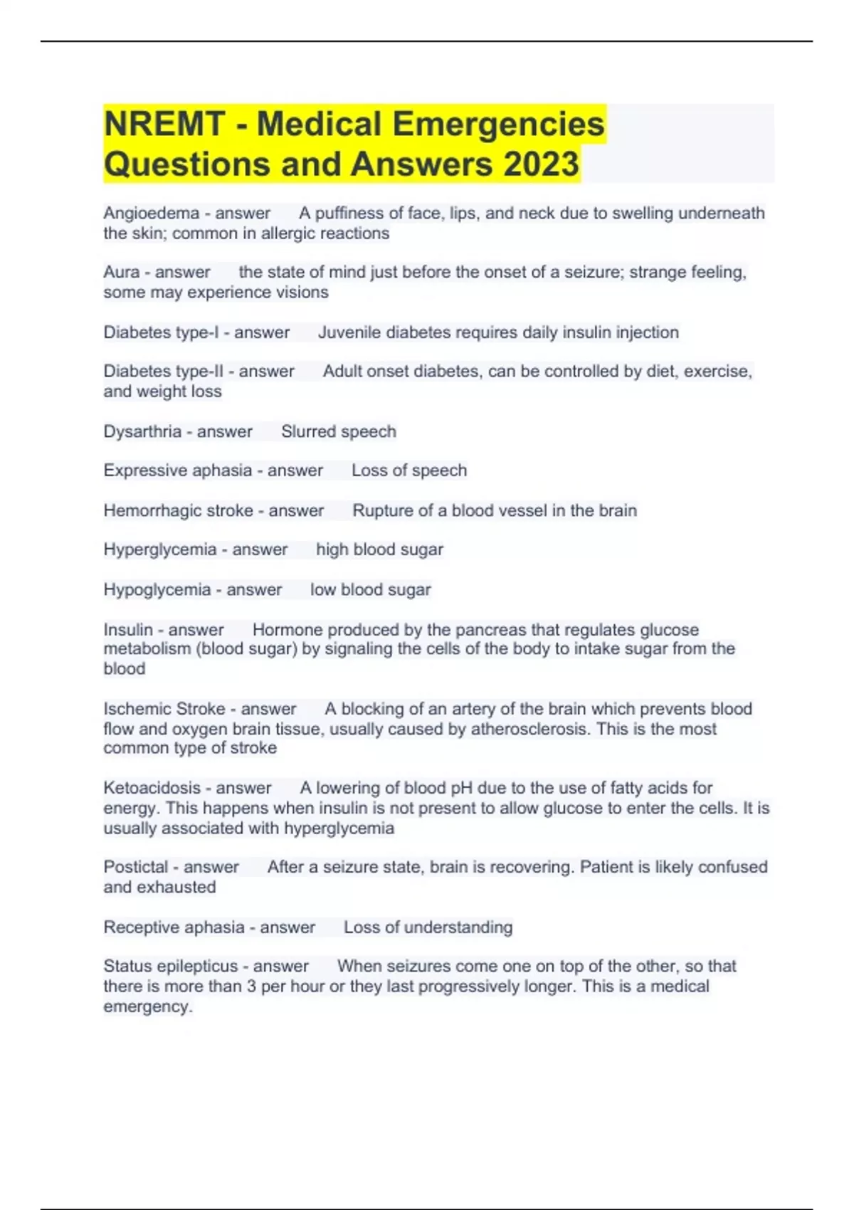 NREMT - Medical Emergencies Questions and Answers 2023 - NREMT - Stuvia US