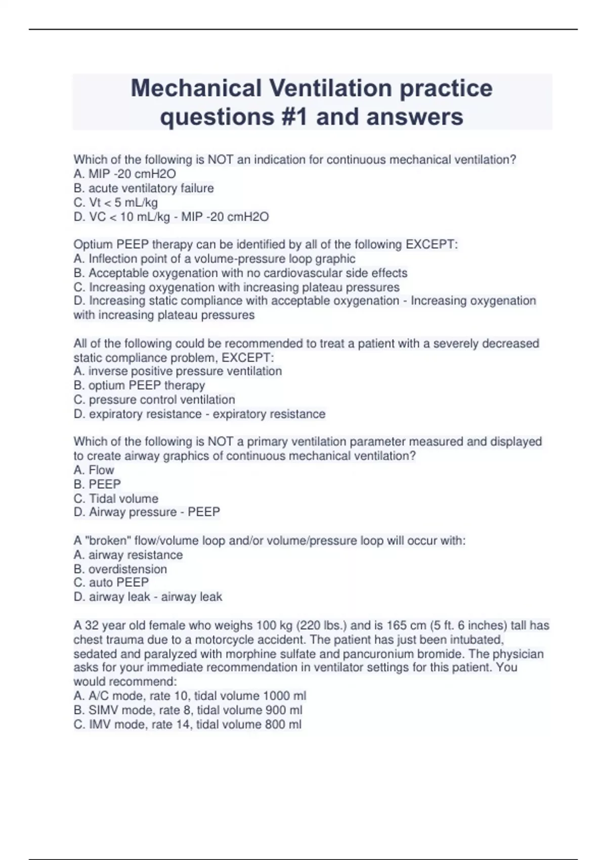 Mechanical Ventilation practice questions #1 and answers - Mechanical ...