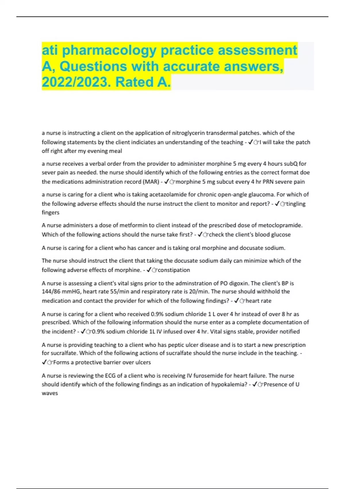 ati pharmacology practice assessment A, Questions with accurate answers ...