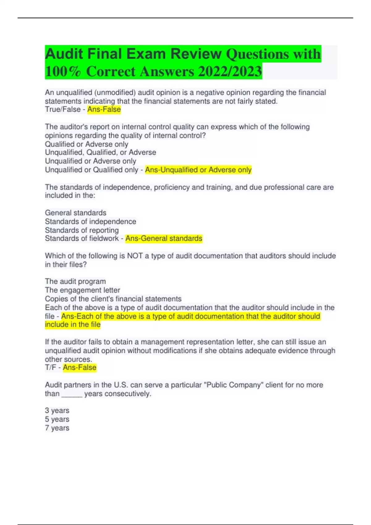 Audit Final Exam Review Questions with 100% Correct Answers 2022/2023 ...