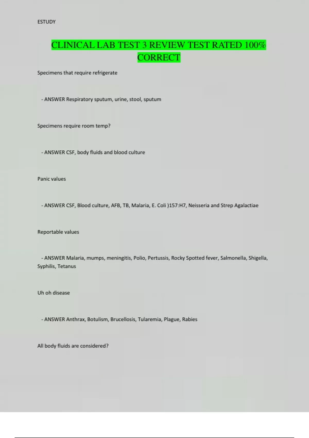 CLINICAL LAB TEST EXAM REVIEW TEST 2023 ALL TOGETHER - Stuvia US
