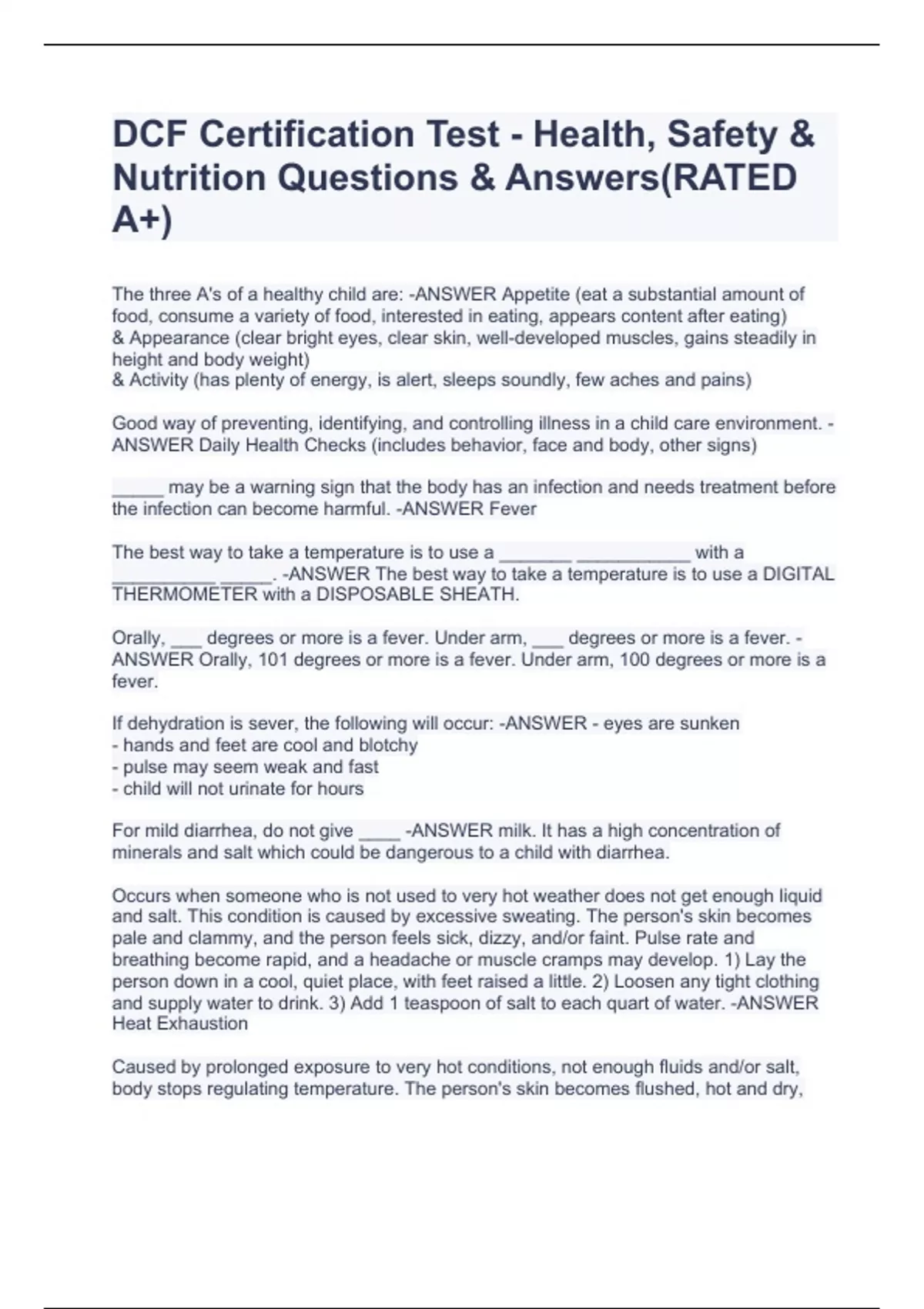 DCF Certification Test - Health, Safety & Nutrition Questions & Answers ...