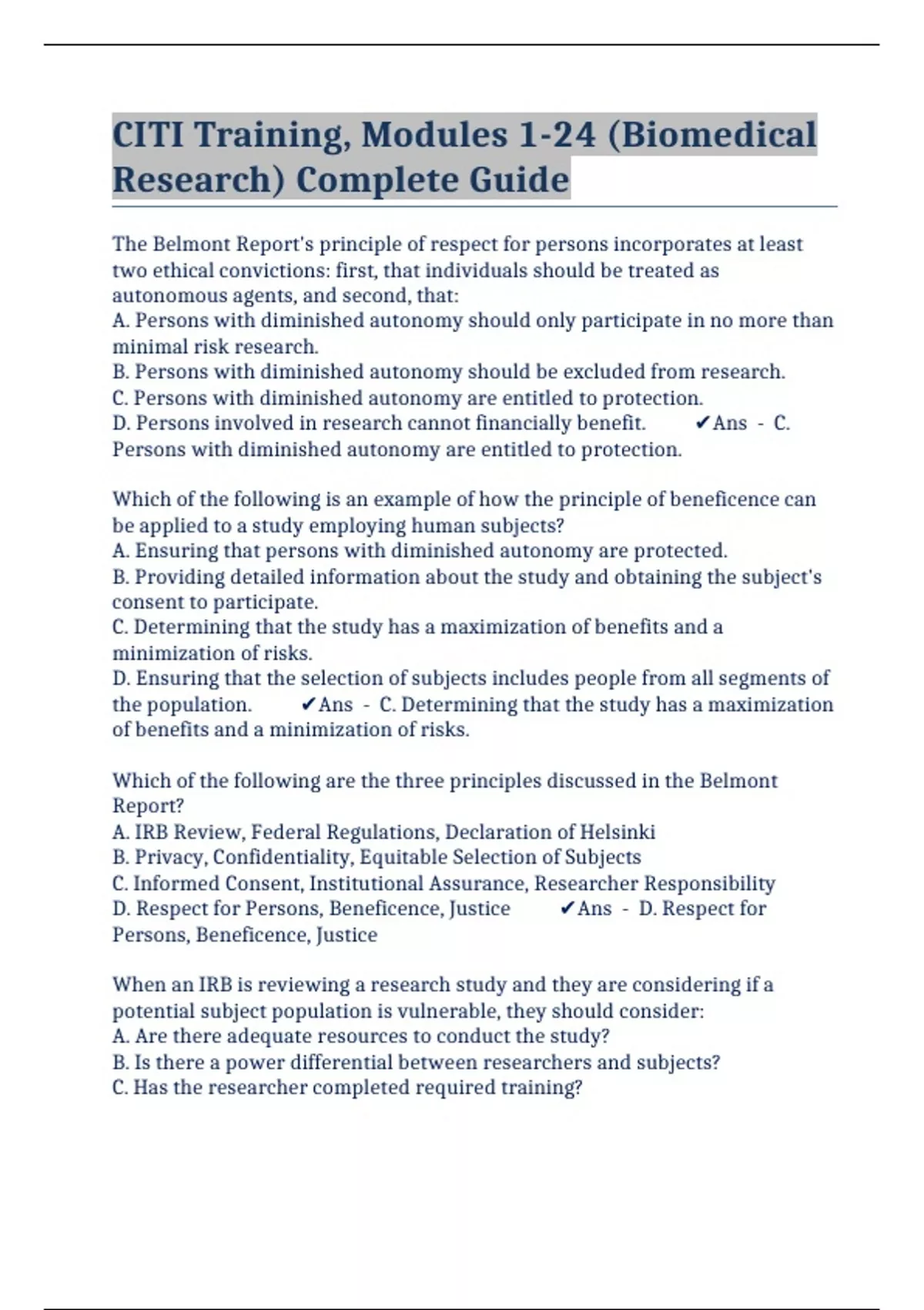 CITI Training, Modules 1-24 (Biomedical Research) Complete Guide - CITI ...