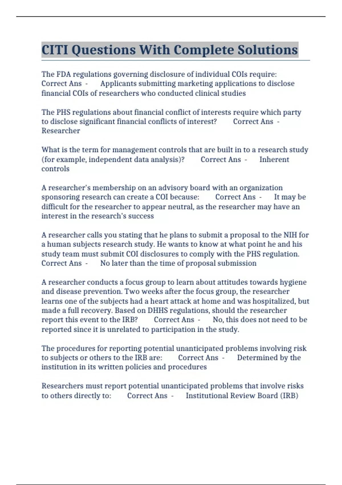 CITI Questions With Complete Solutions - CITI - Stuvia US