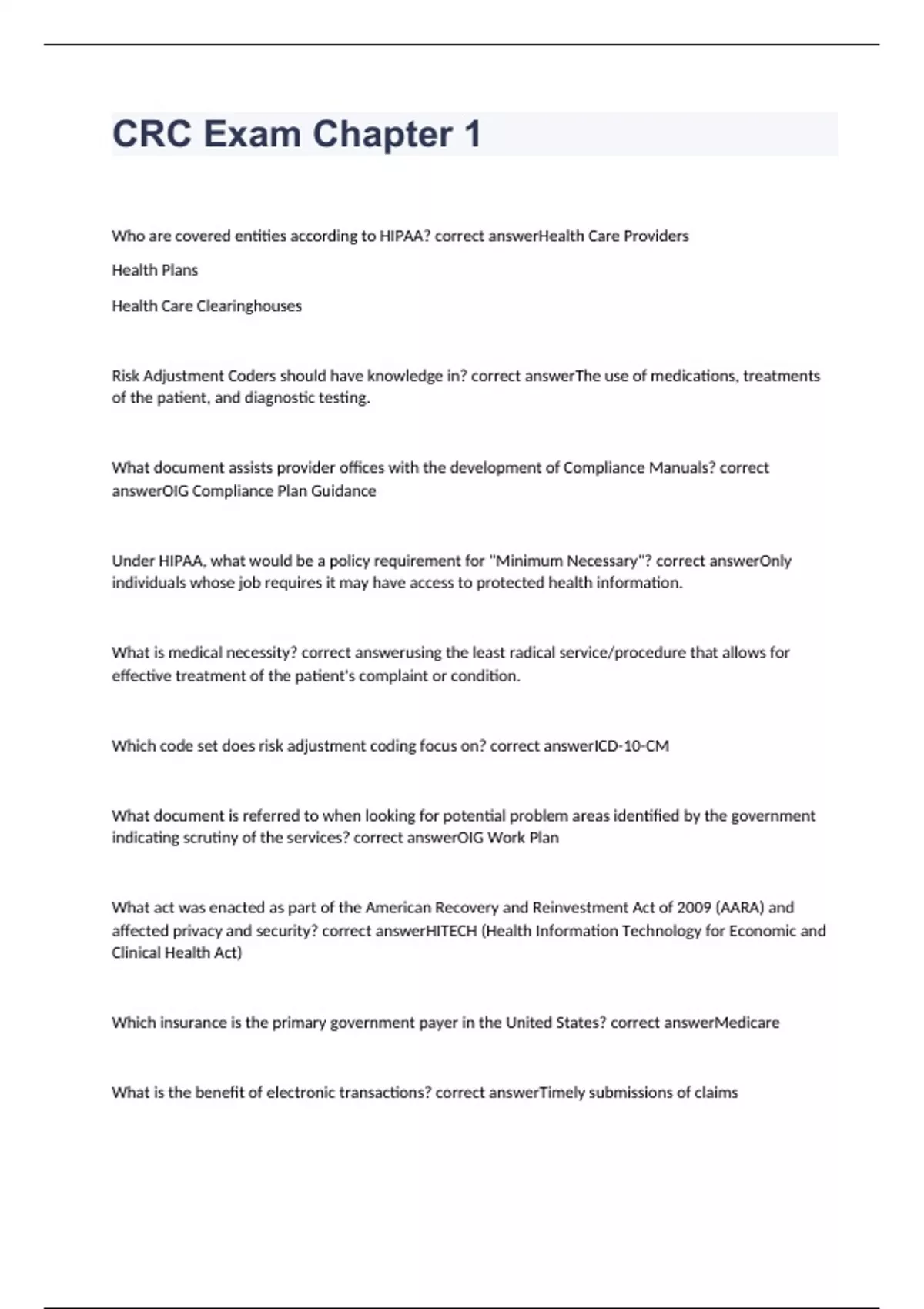 CRC Exam Chapter 1 exam 2023 with complete solutions - CCRC - Stuvia US