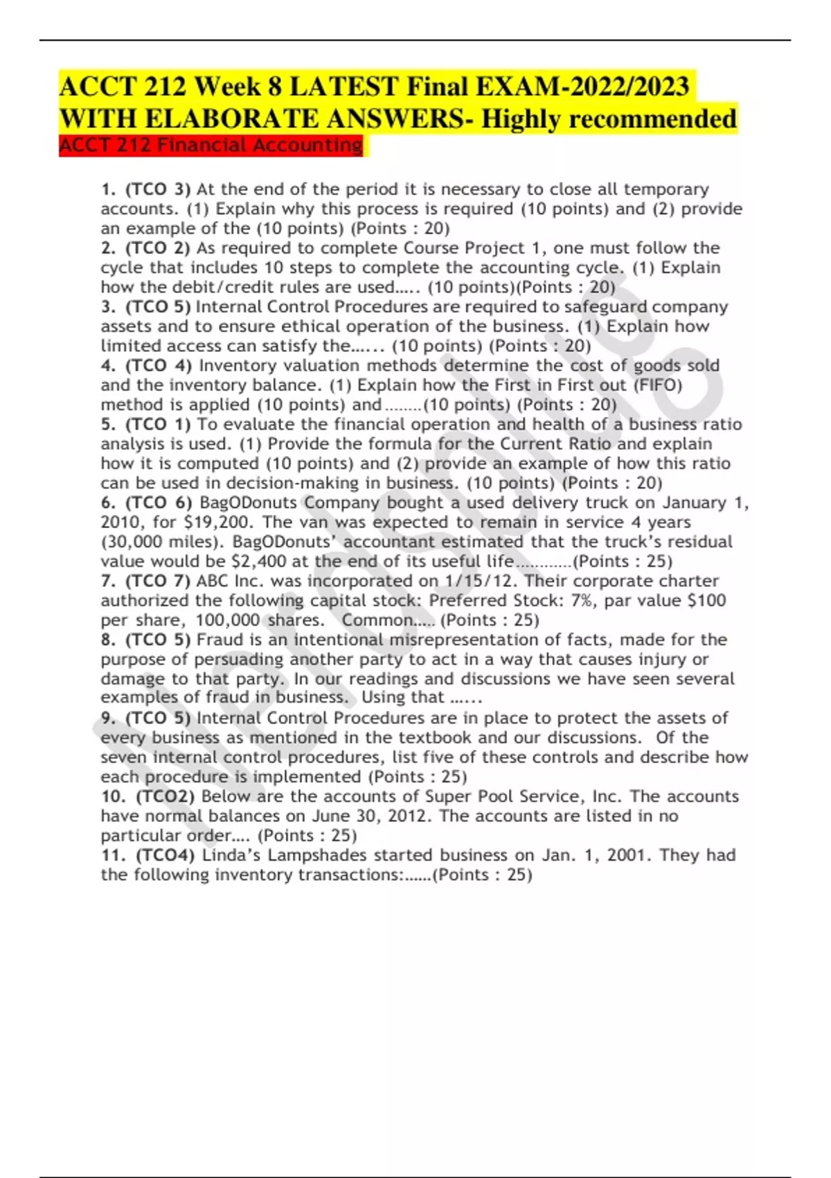 Acct 212 Week 8 Latest Final Exam 2022 2023 With Elaborate Answers