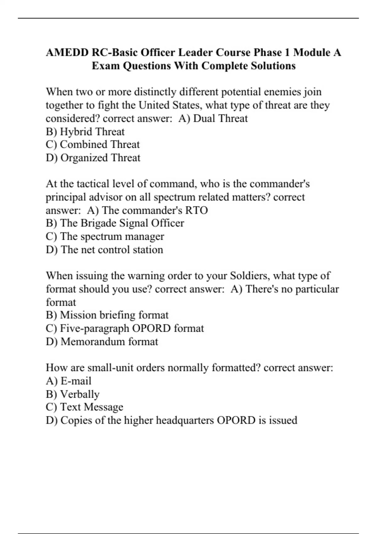 AMEDD RC-Basic Officer Leader Course Phase 1 Module A Exam Questions ...