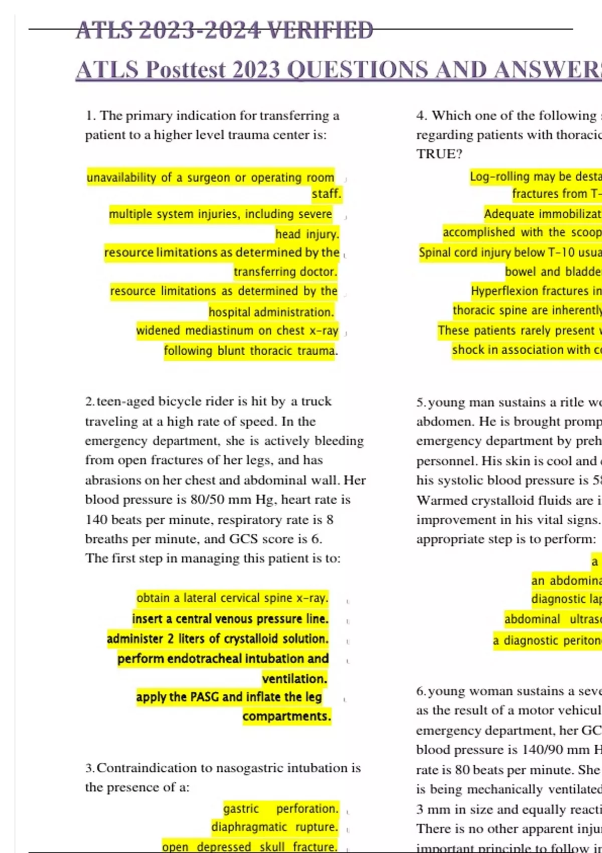Atls Verified Atls Posttest 2023 Questions And Answers Nursing Surgical N Stuvia Us