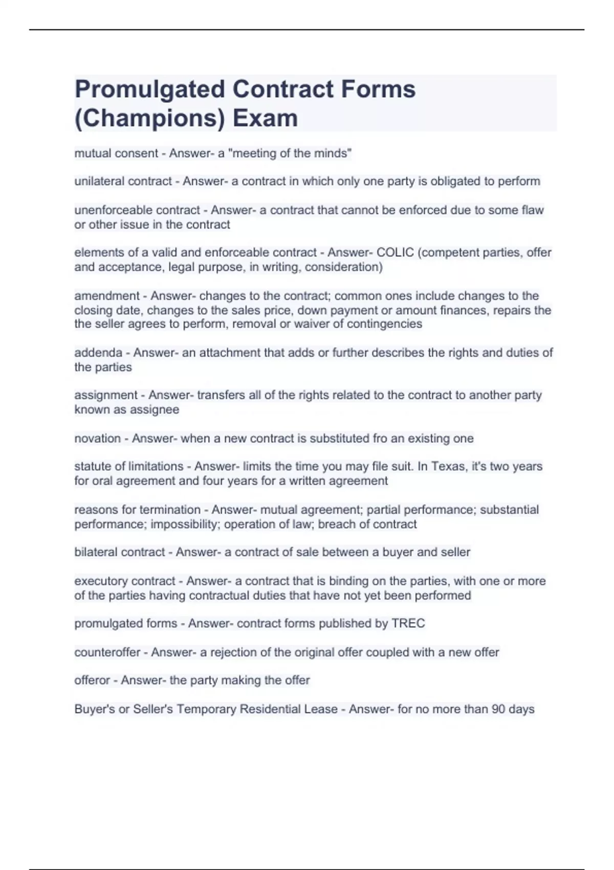 Promulgated Contract Forms (Champions) Exam - Promulgated contract ...