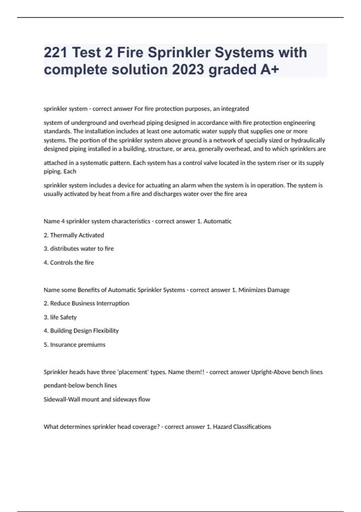 221 Test 2 Fire Sprinkler Systems with complete solution 2023 graded A+ ...