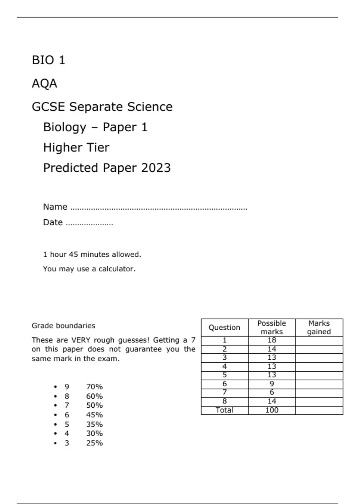 AQA GCSE SEPARATED SCIENCE BIOLOGY PAPER 1 AND 2 FINAL QUESTION PAPERS ...