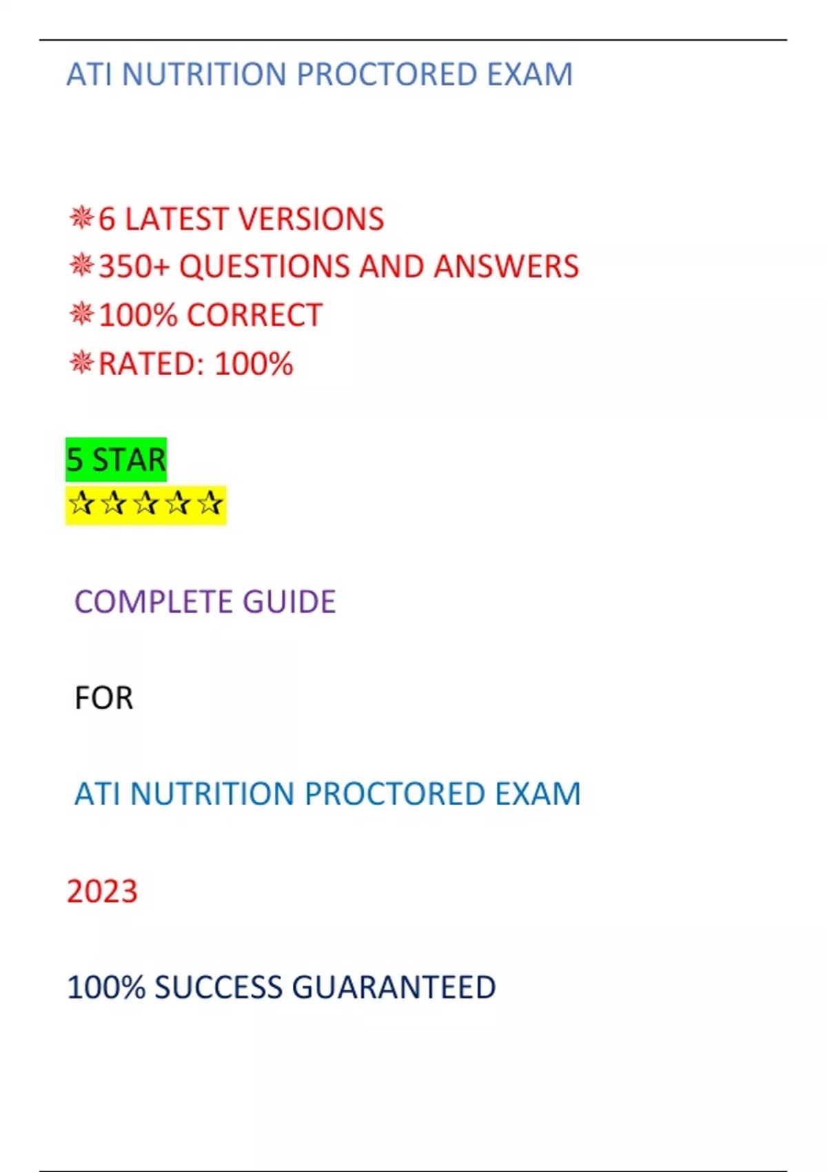 ATI NUTRITION PROCTORED EXAM 6 LATEST VERSIONS 350+ QUESTIONS AND ...