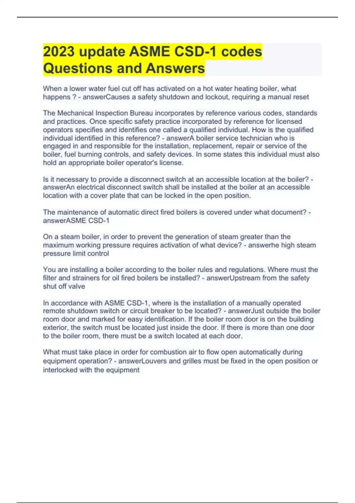 2023 update ASME CSD-1 codes Questions and Answers - Asme - Stuvia US