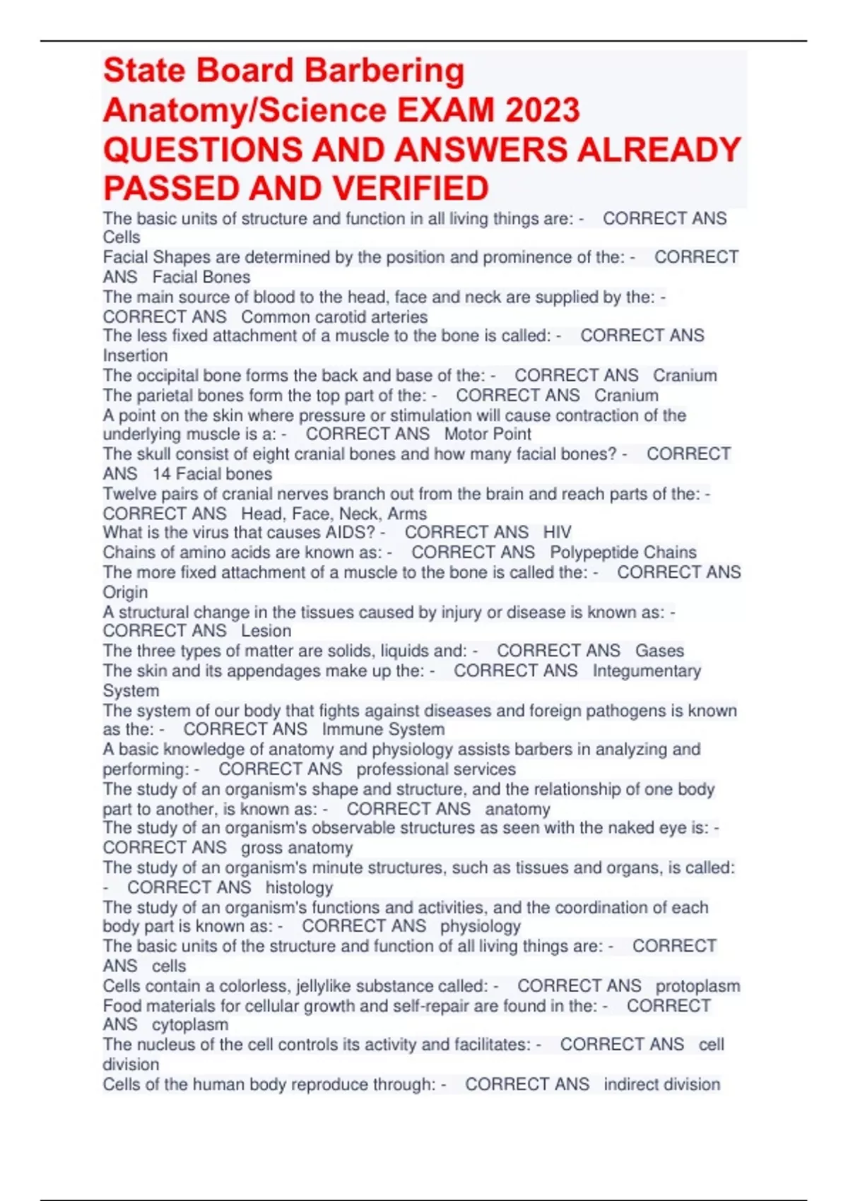 State Board Barbering Anatomy/Science EXAM 2023 QUESTIONS AND ANSWERS ...