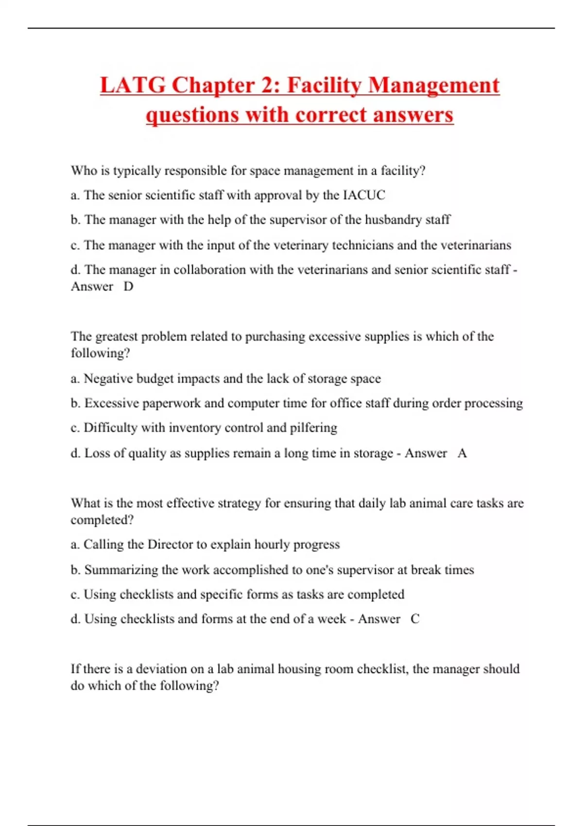 LATG Chapter 2: Facility Management questions with correct answers ...