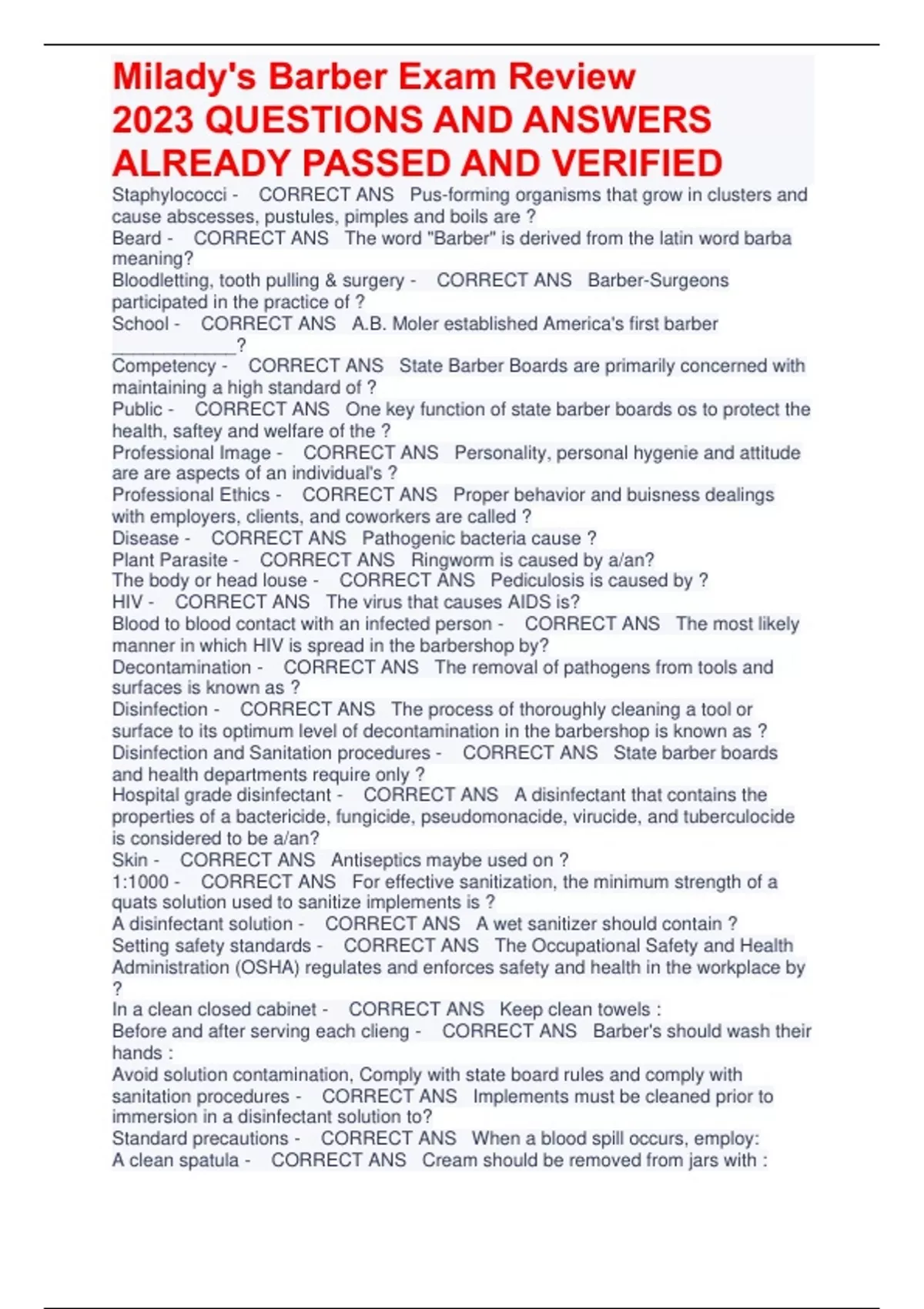 Milady's Barber Exam Review 2023 QUESTIONS AND ANSWERS ALREADY PASSED ...