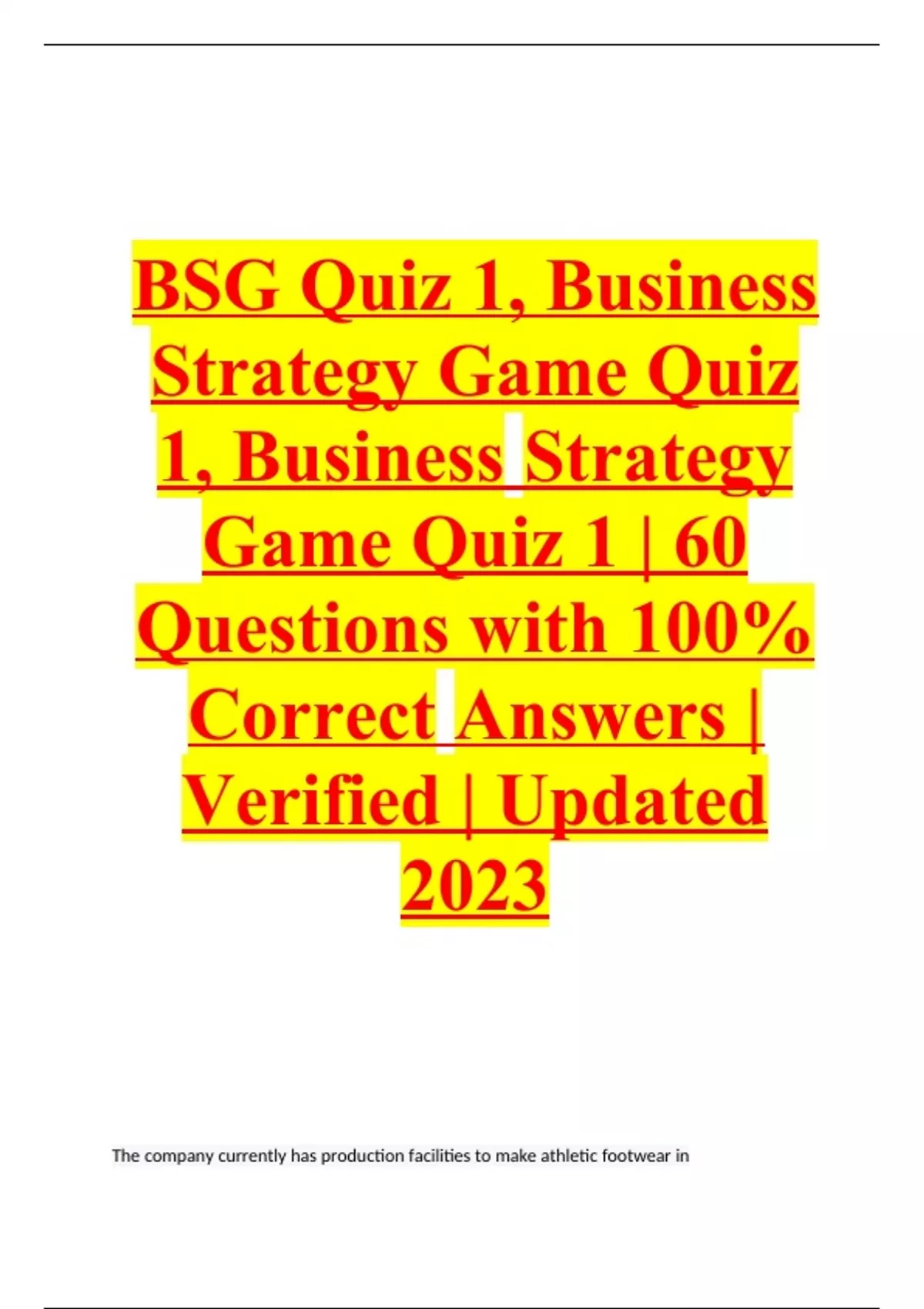 BSG Quiz 1, Business Strategy Game Quiz 1, Business Strategy Game Quiz ...