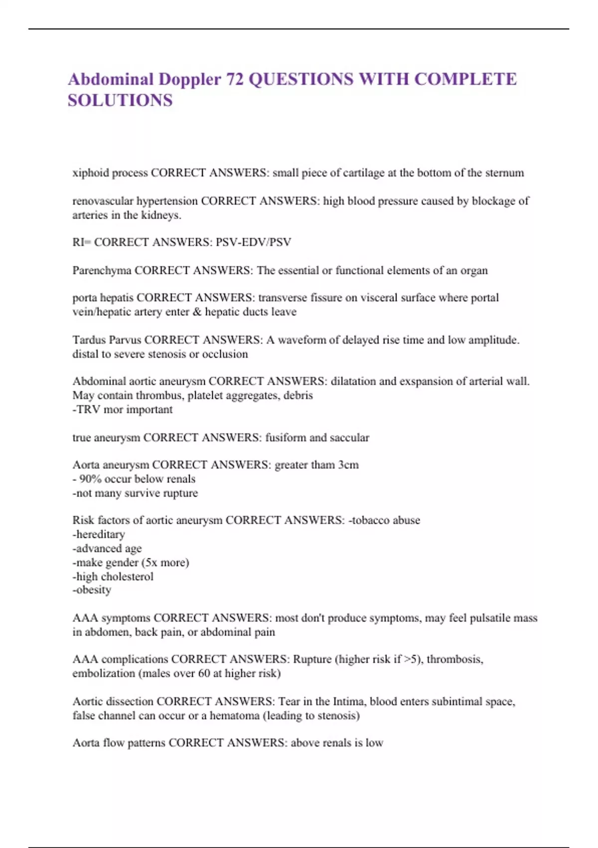 Abdominal Doppler 72 QUESTIONS WITH COMPLETE SOLUTIONS - Abdominal ...