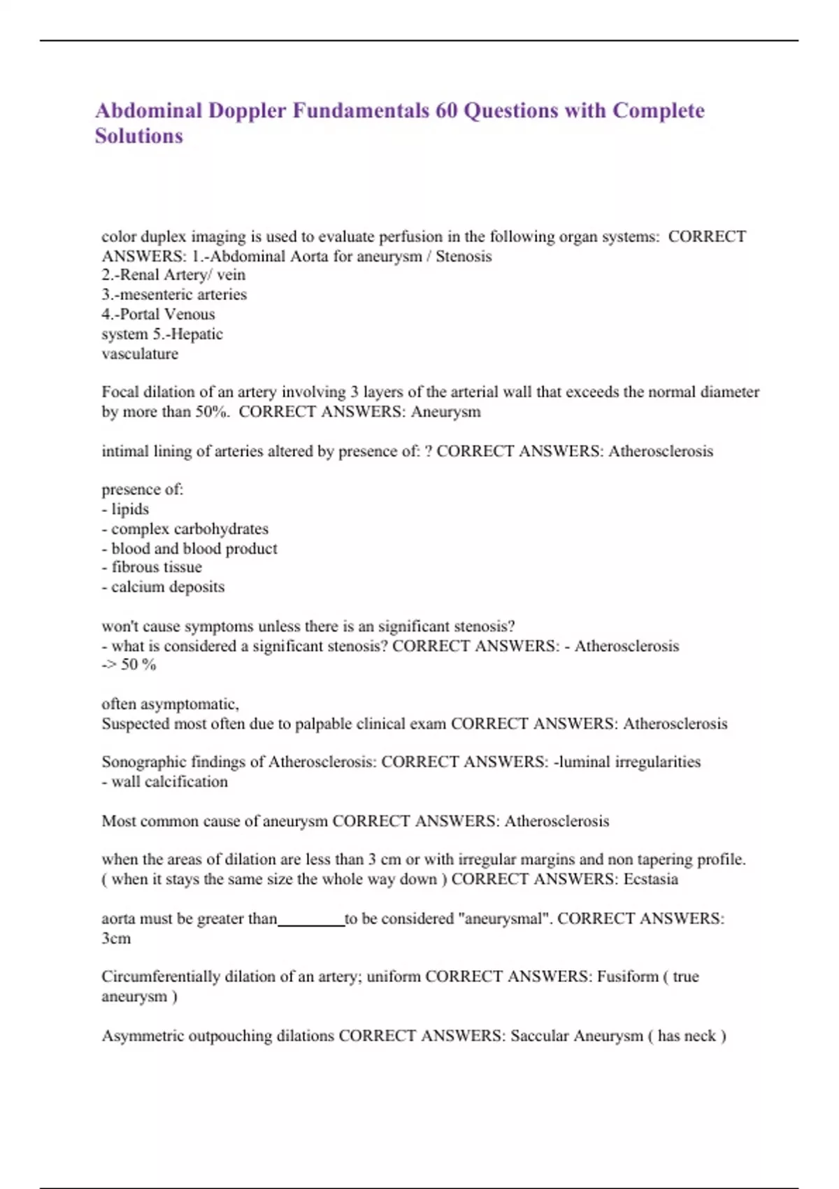 Abdominal Doppler Fundamentals 60 Questions with Complete Solutions ...