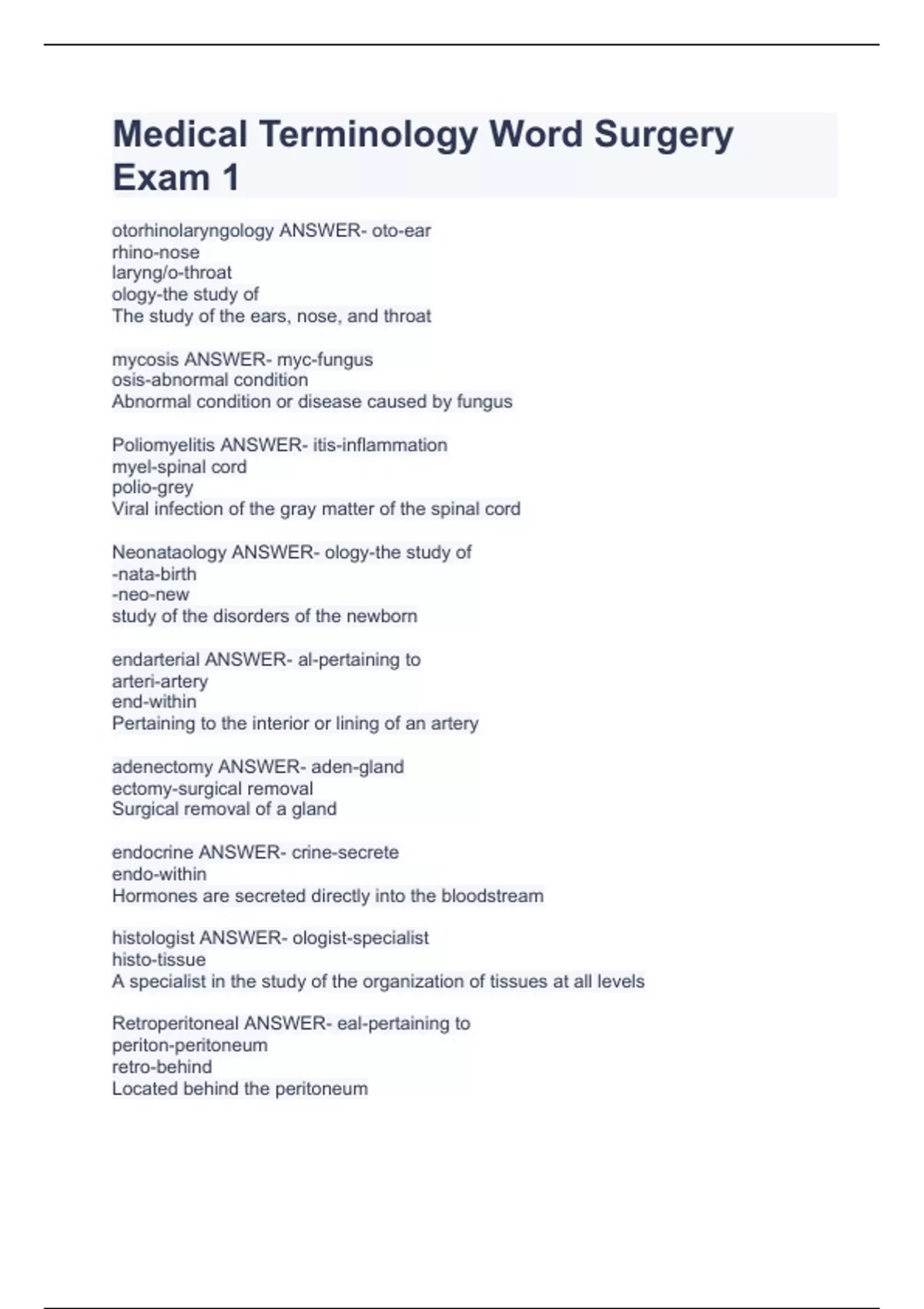 Medical Terminology Word Surgery Exam 1 LATEST 2023 100 % ANSWERED - RN ...