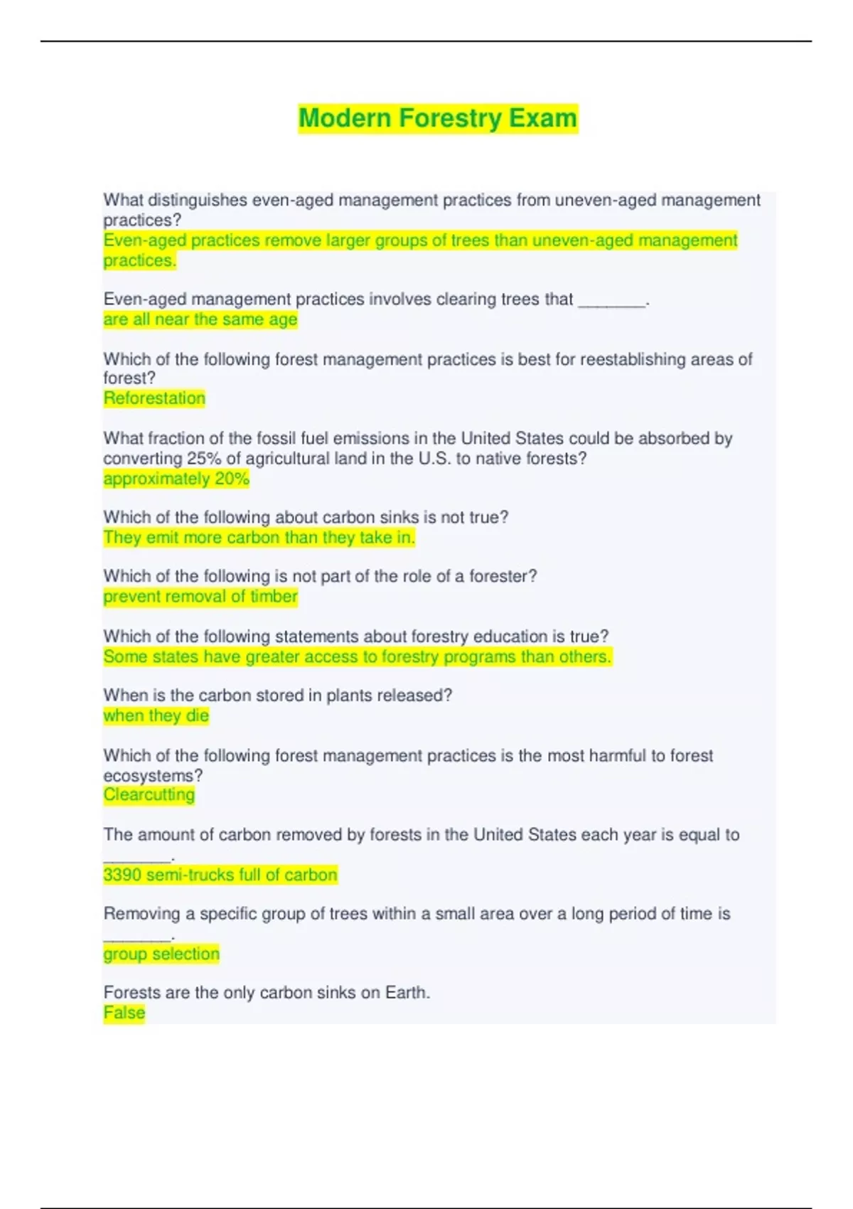 Modern Forestry Exam - Questions with correct answers, A Grade - Modern ...