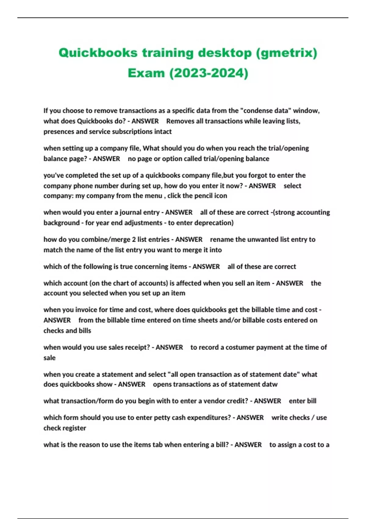 Quickbooks training desktop (gmetrix) Exam () - Quickbooks training ...