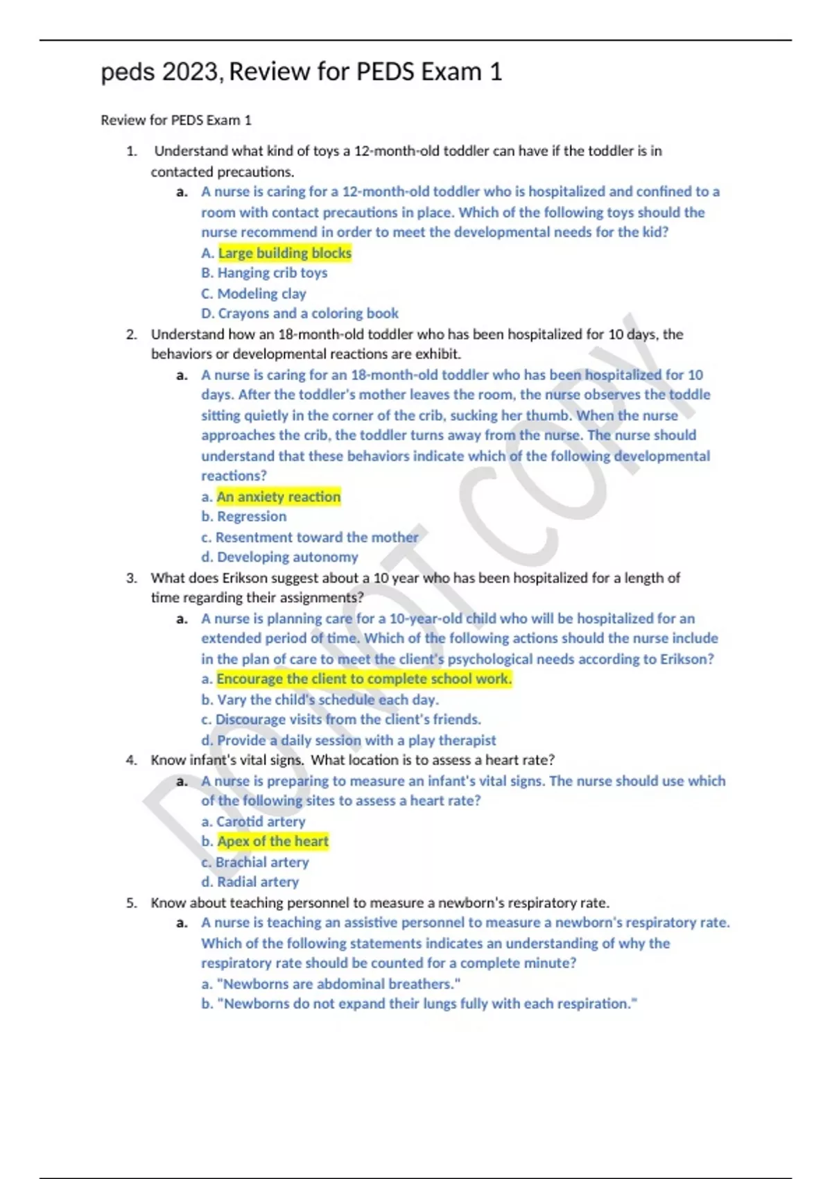 peds 2023, Review for PEDS Exam 1 - Peds 2023, - Stuvia US