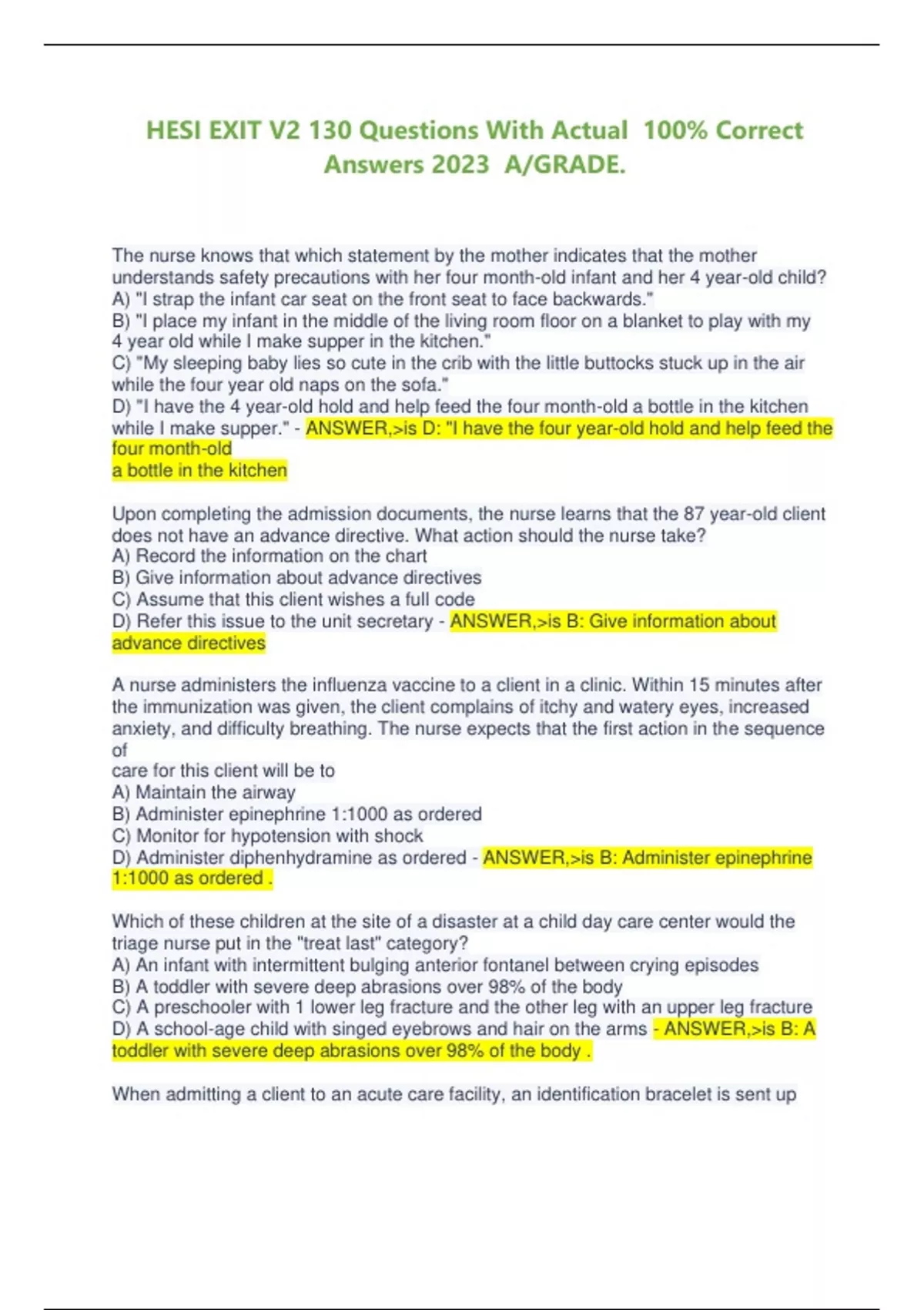 HESI EXIT V2 130 Questions With Actual 100% Correct Answers 2023 A ...
