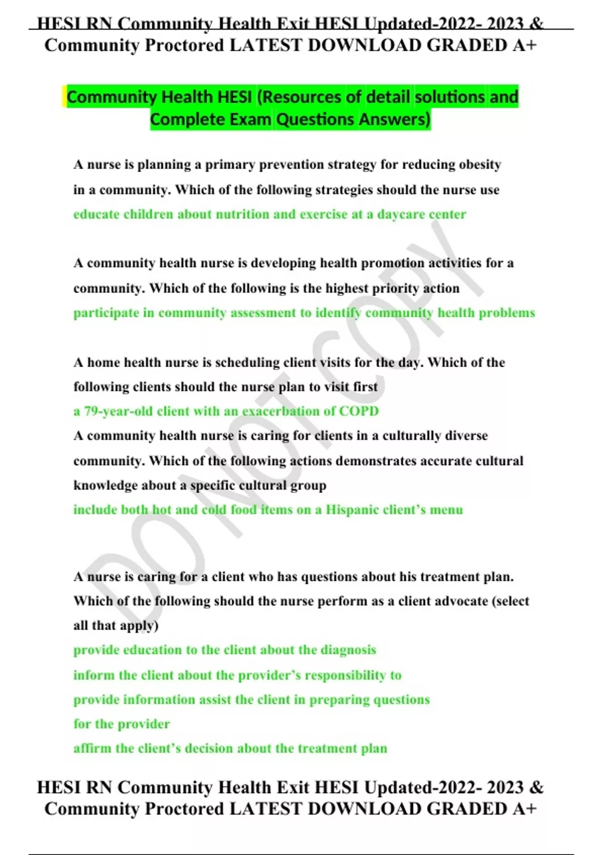 HESI RN Community Health Exit HESI Updated- & Community Proctored ...