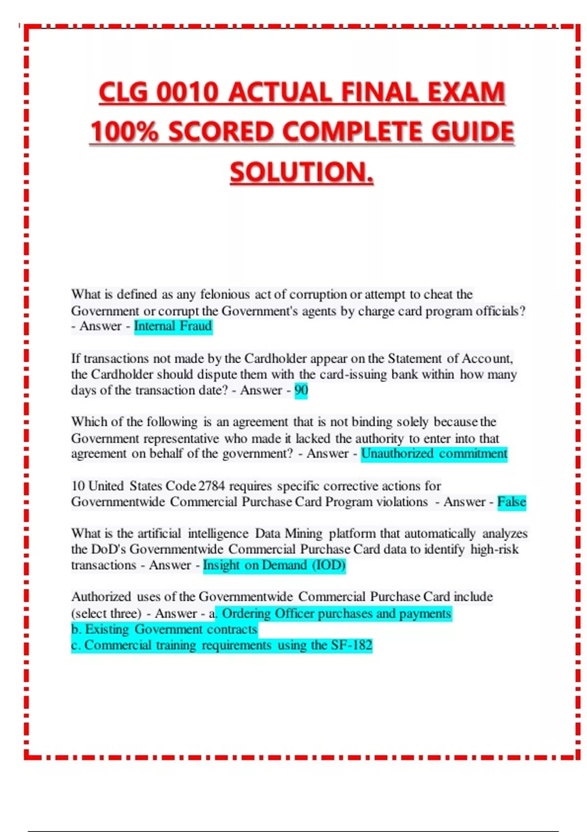 CLG 0010 ACTUAL FINAL EXAM 100% SCORED COMPLETE GUIDE SOLUTION. - CLG ...