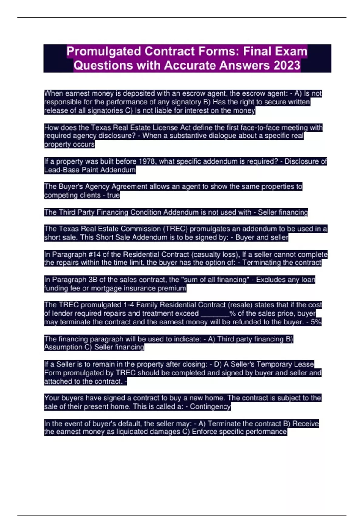 Promulgated Contract Forms: Final Exam Questions with Accurate Answers ...